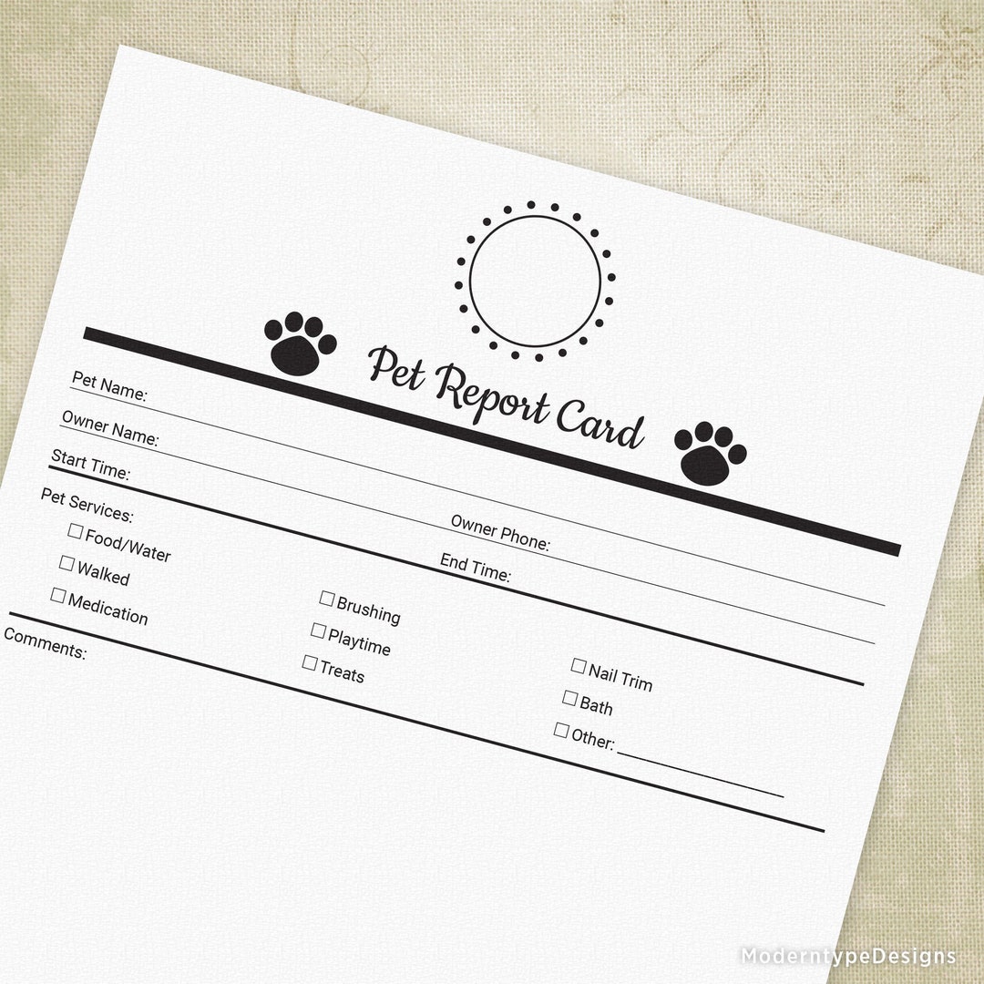 Pet Report Card Printable Form for Pet Businesses, Report Card for Dogs ...