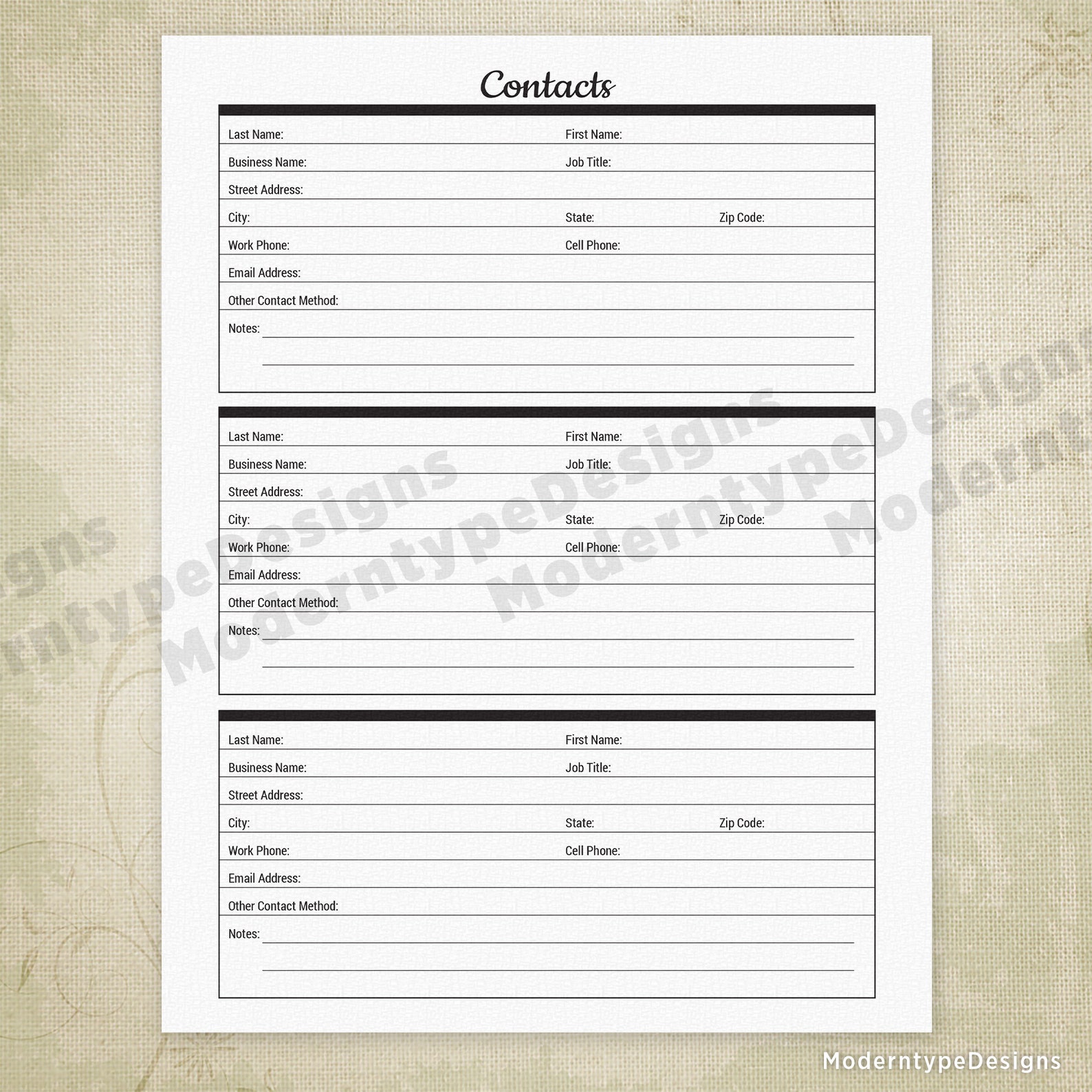 Contacts Page Printable, Digital Download, Addresses Book, Directory ...