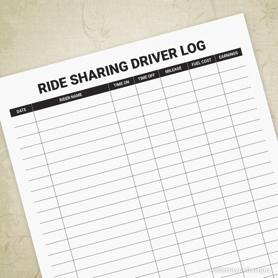 Ride Sharing Driver Log, Printable Form, Ridesharing Tracker Planner ...