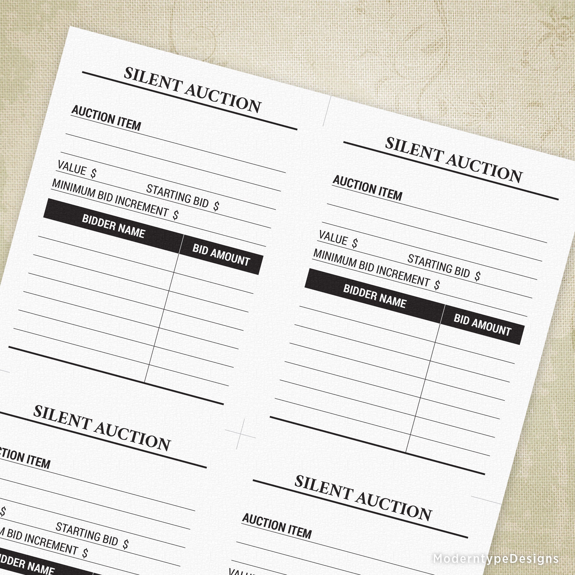 Silent Auction Bid Sheet Printable, 4 up on Letter Size, Fundraising ...