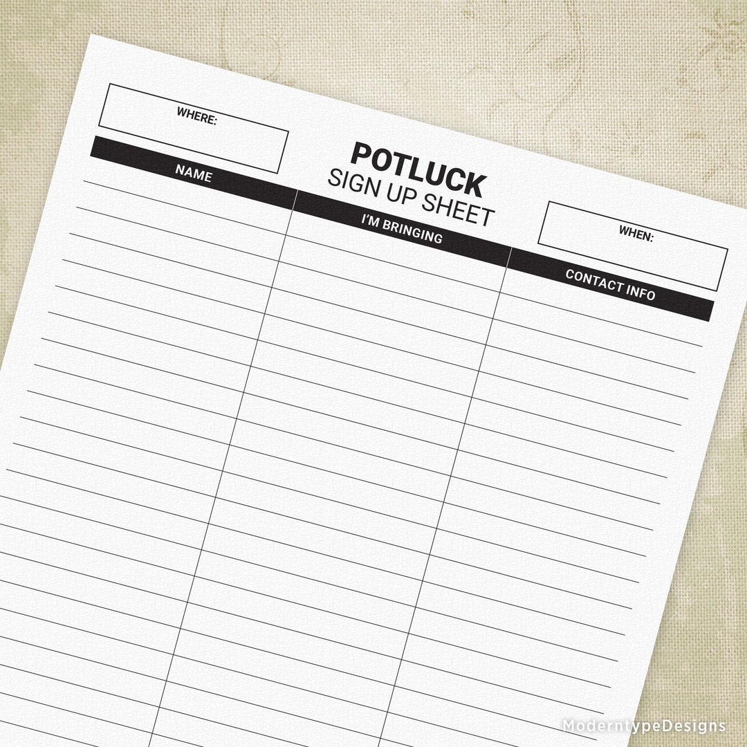 Potluck Sign up Sheet, Fundraiser Dinner, Supper Covered Dish, Dish-to ...