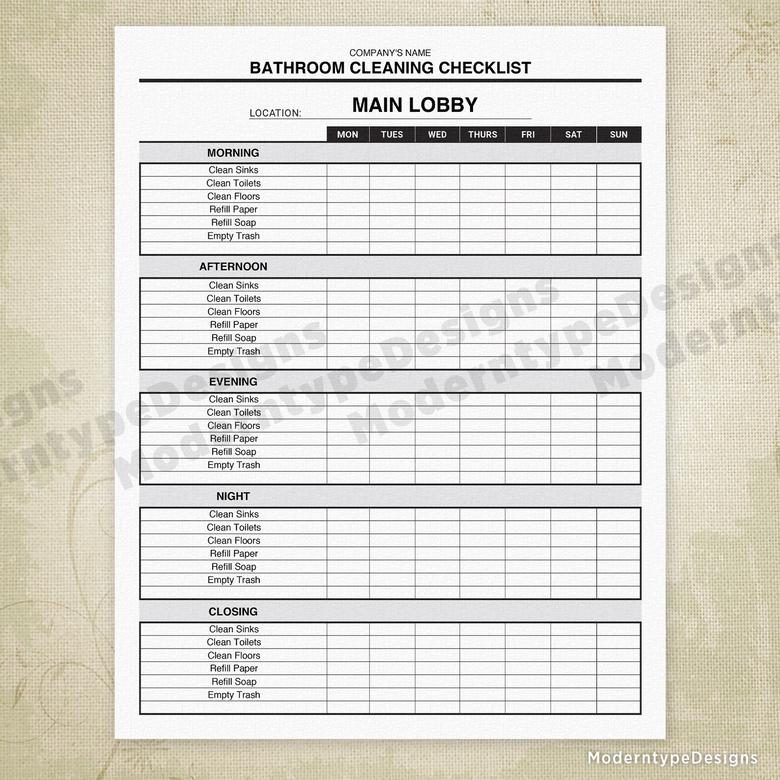 Bathroom Cleaning Checklist Printable Form, Restroom Clean Schedule ...