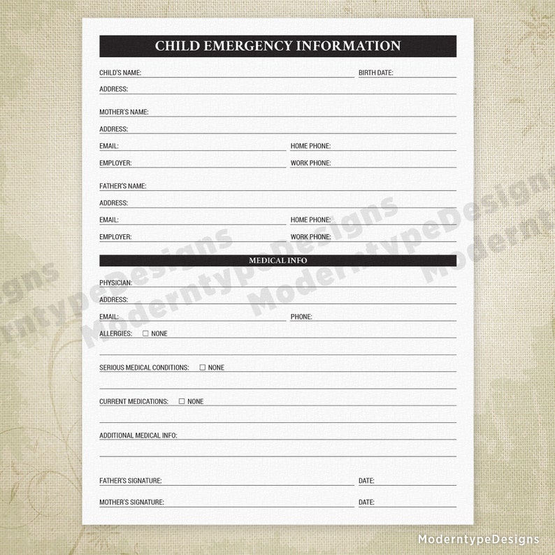 Child Emergency Information Printable, Parent Contact Form, Doctor and ...