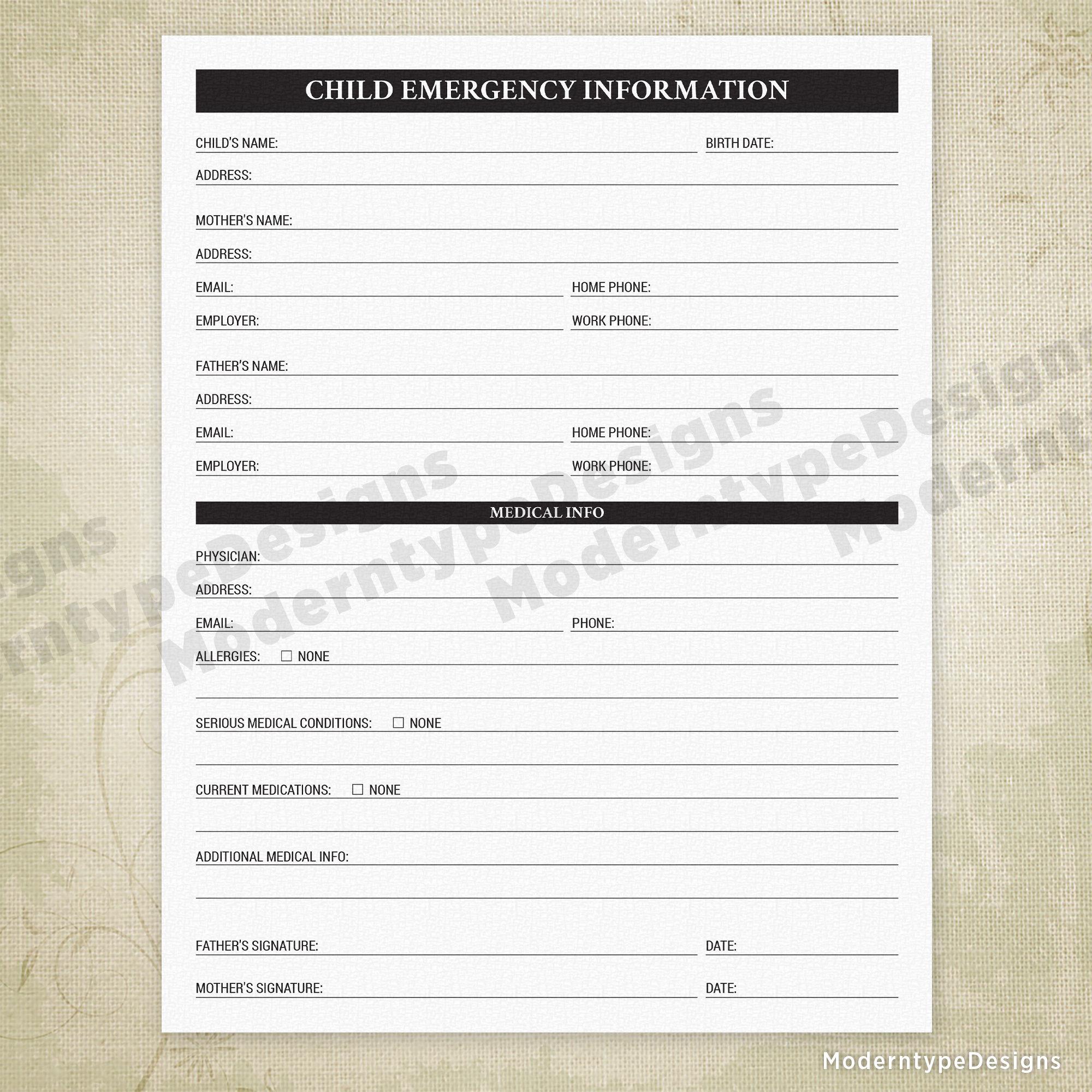 Child Emergency Information Printable, Parent Contact Form, Doctor and ...
