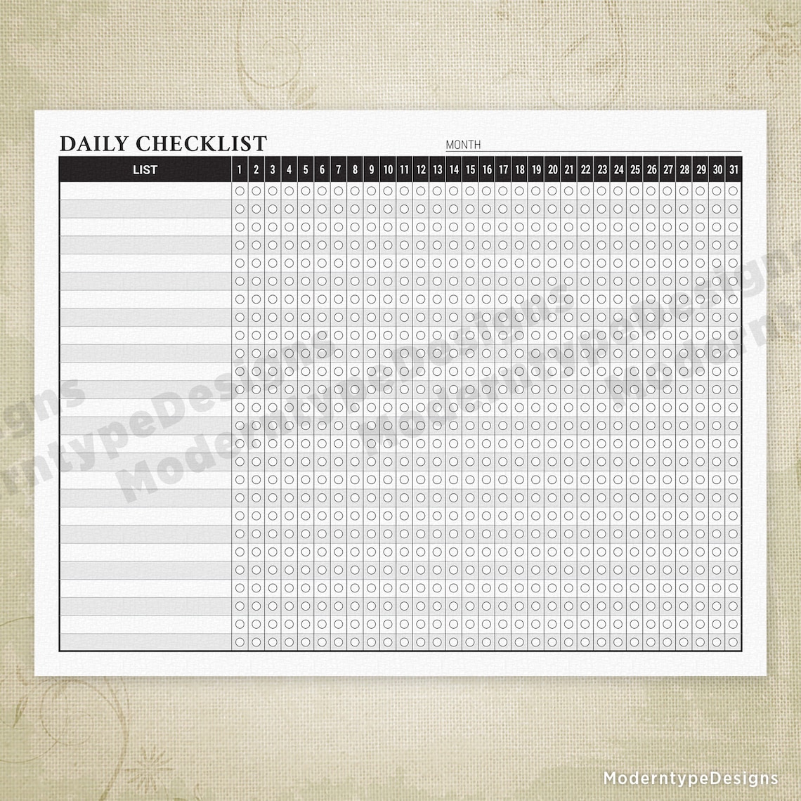 Daily Checklist Planner Printable, 31 Day to Do List, Monthly Organizer ...