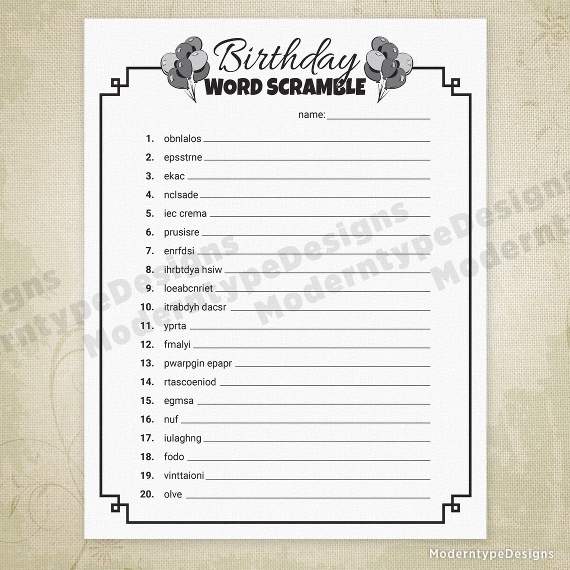 Birthday Word Scramble Game, Printable Digital Download, Contest ...