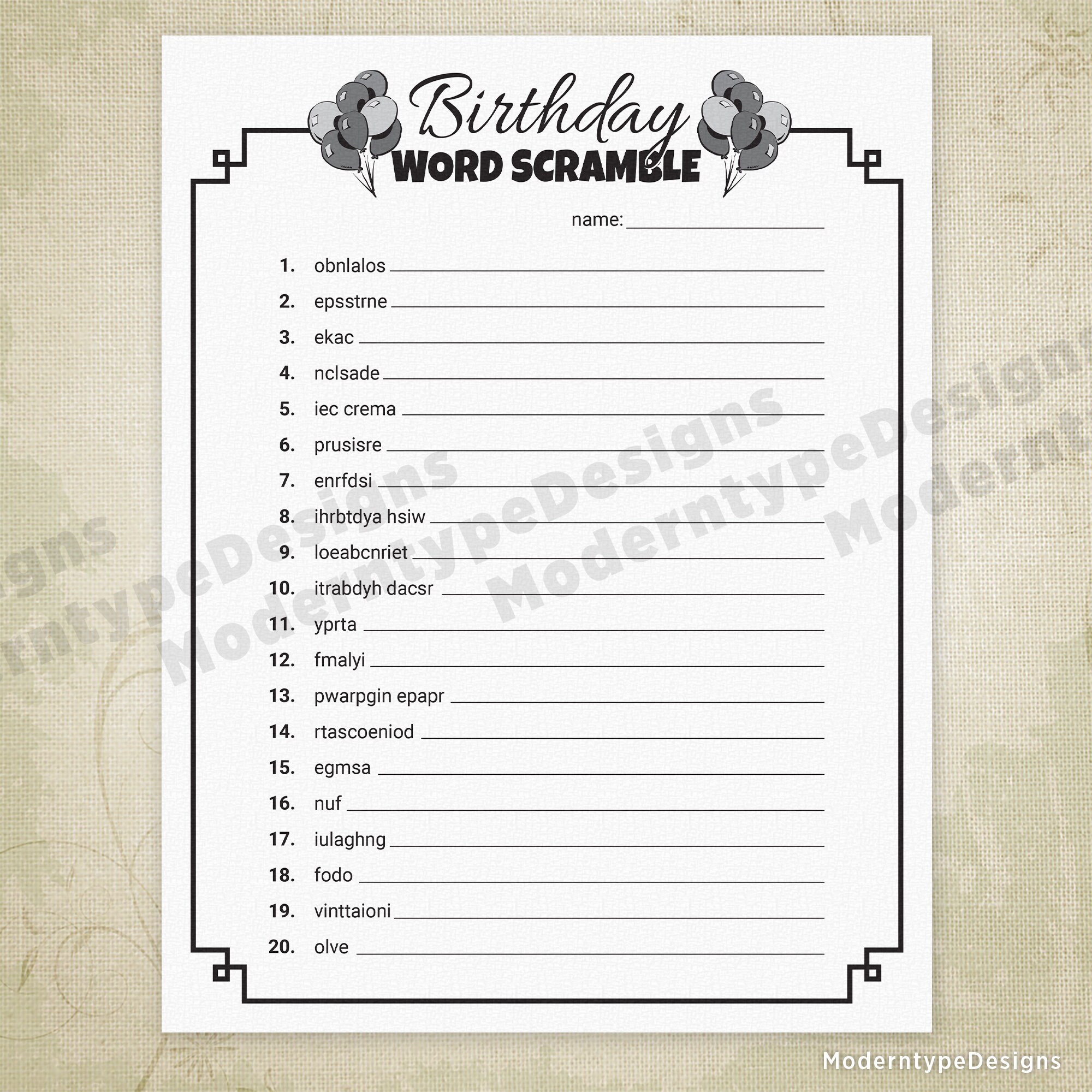 Birthday Word Scramble Game, Printable Digital Download, Contest ...