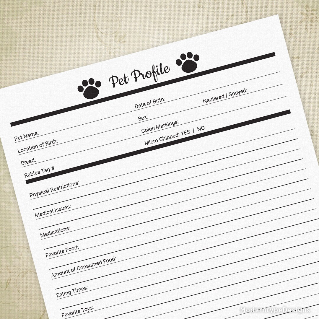 Pet Profile Printable for Pet Owners & Businesses, Dog Info File Insert ...