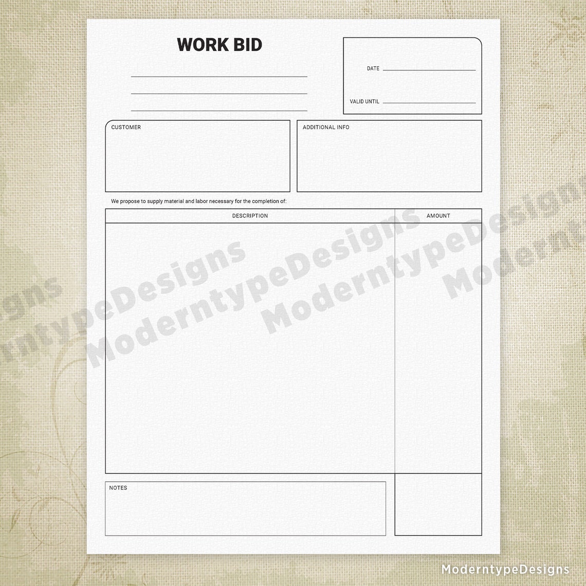 Work Bid Printable, Job Proposal, Company Business Forms, Digital File ...
