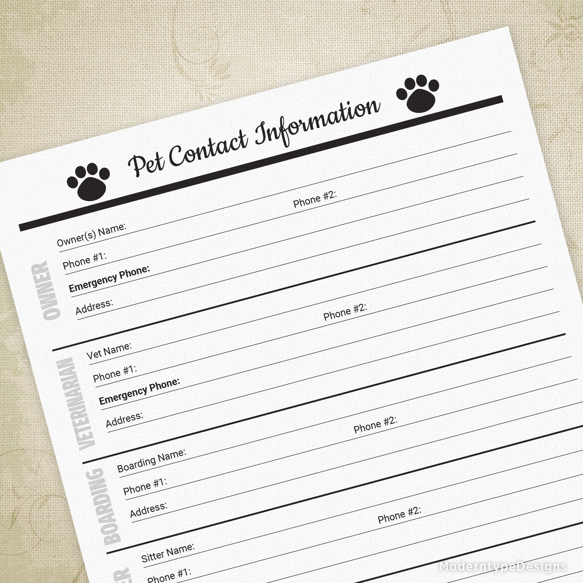 Pet Contact Info Printable for Pet Owners & Businesses, Vet List Insert ...