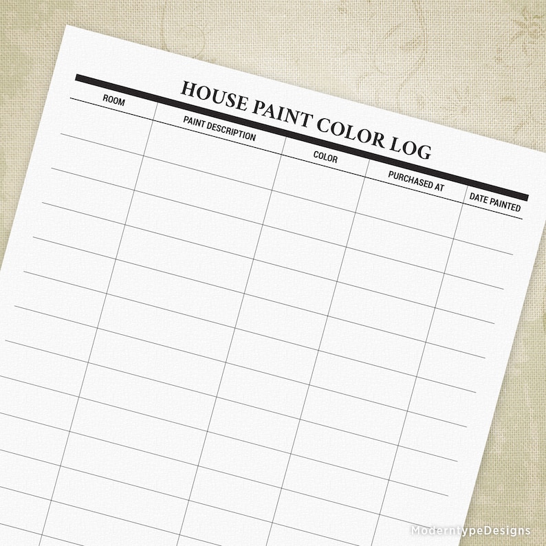 House Paint Color Log Printable Form, Home Maintenance Planner, Living ...