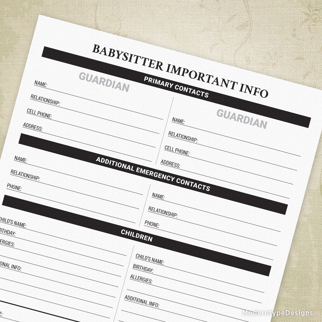 Babysitter Important Info Printable, Date Night Contact Sheet, Sitting ...