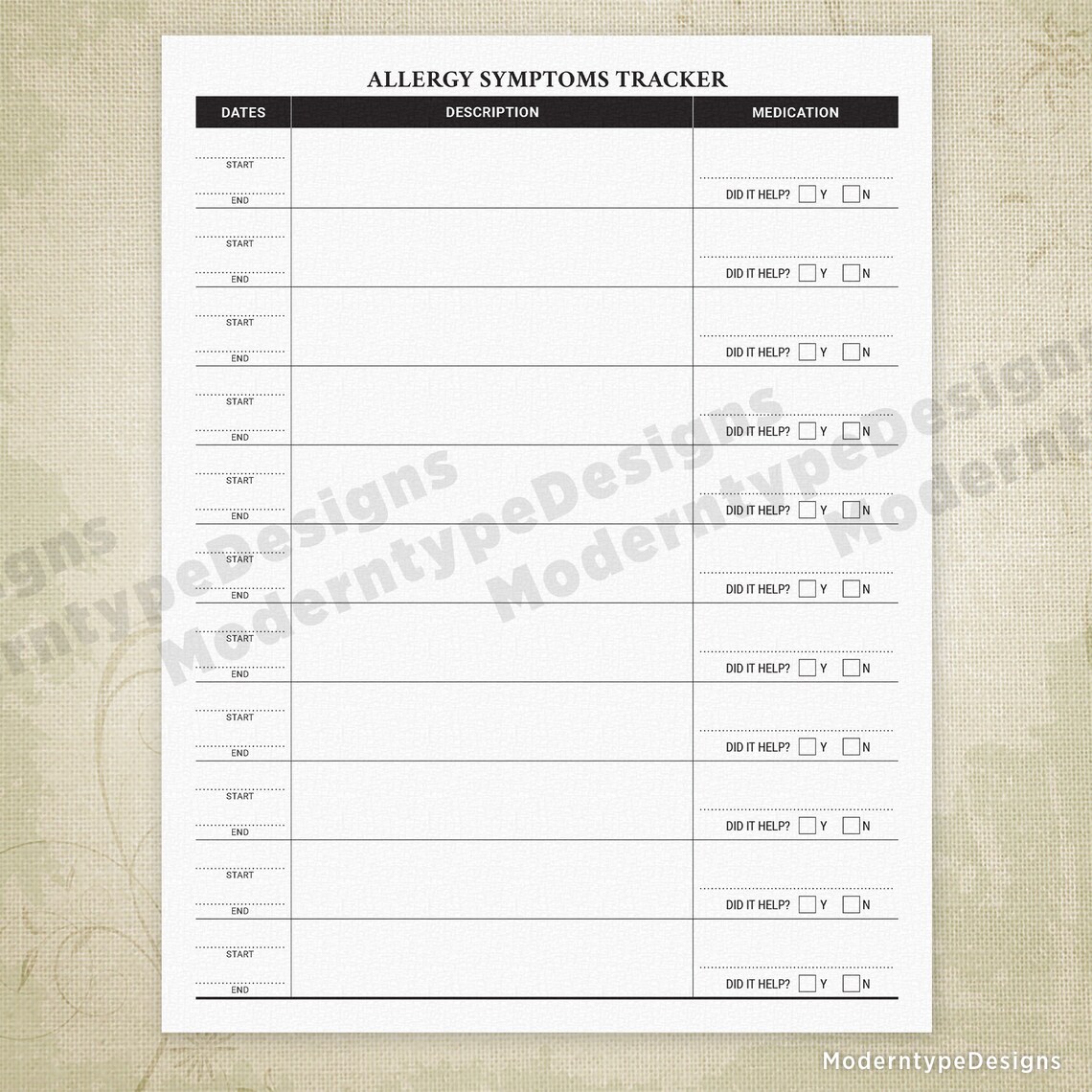 Allergy Symptoms Tracker Printable, Allergic Form, Food, Pet, and ...