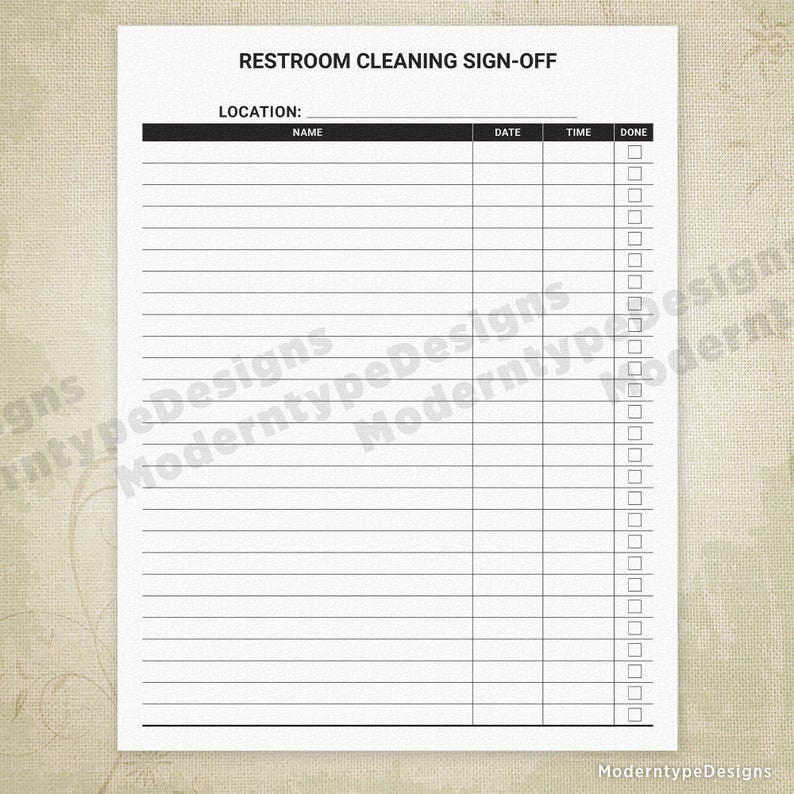 Restroom Cleaning Sign-off Sheet, Bathroom Cleanup Schedule for ...