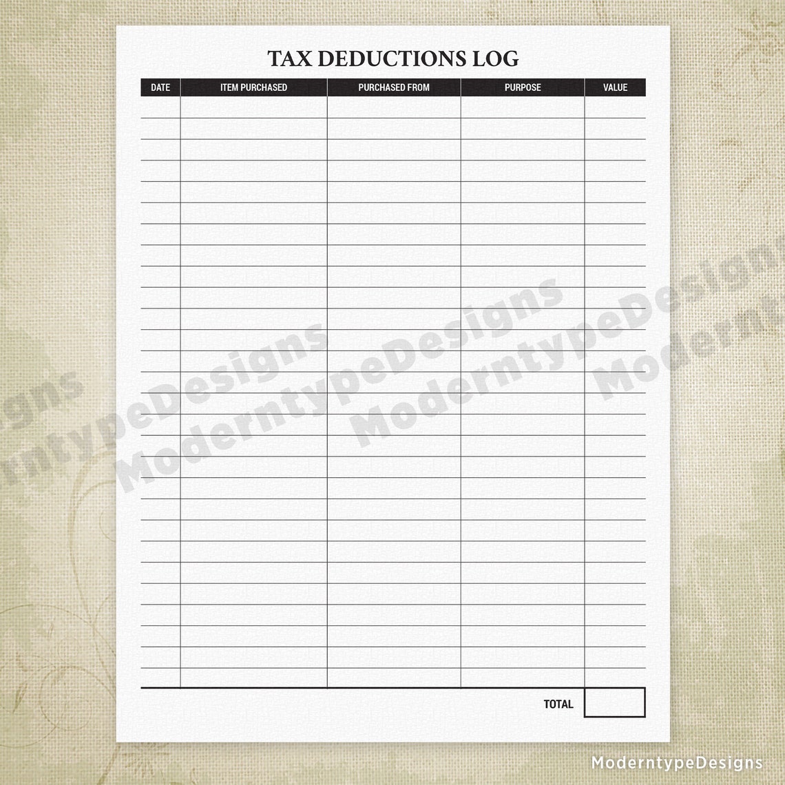 Tax Deductions Log Printable, Expenses Tracker, Purchase Records ...
