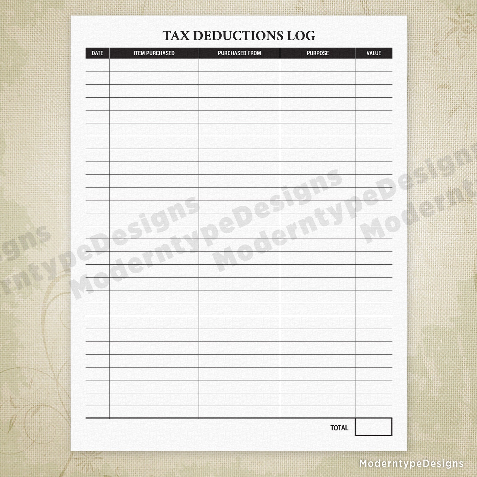 Tax Deductions Log Printable, Expenses Tracker, Purchase Records ...