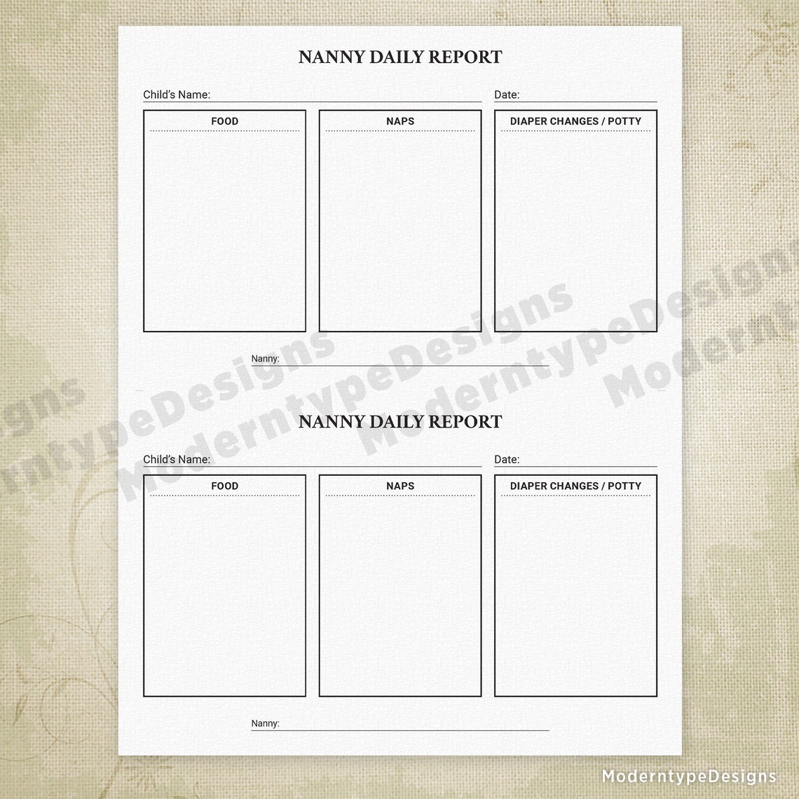 Nanny Daily Report Printable for Young Child Baby Schedule - Etsy