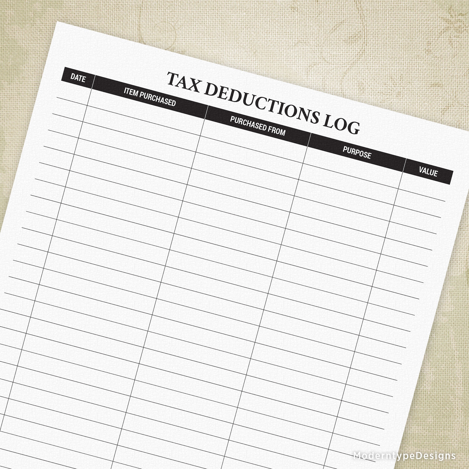 Tax Deductions Log Printable, Expenses Tracker, Purchase Records ...