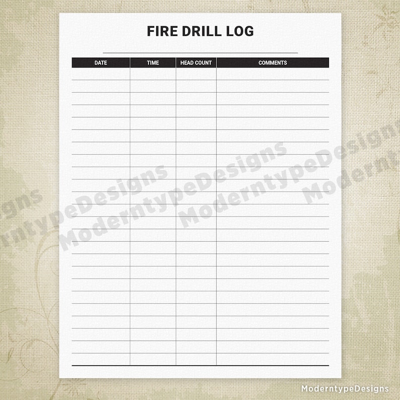 Business Fire Drill Log Printable, Organization, Daycare, School ...