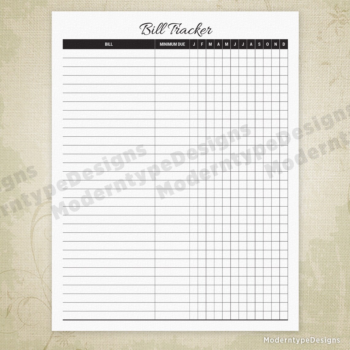 Bill Tracker Printable Sheet for the Year, Track Finances, Bills Form ...