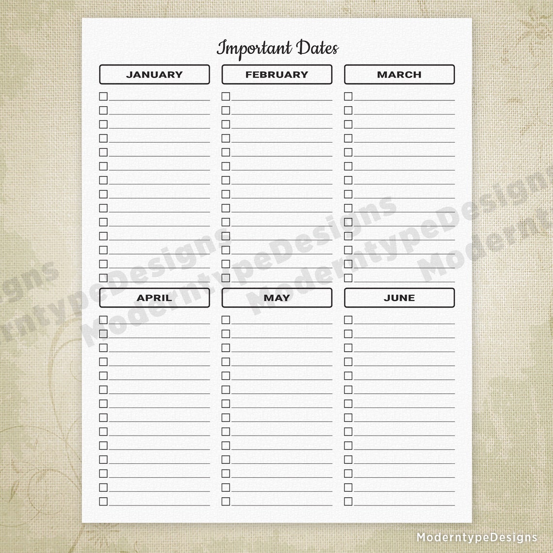 Important Dates Printable Digital Download, Monthly Planner, Birth ...