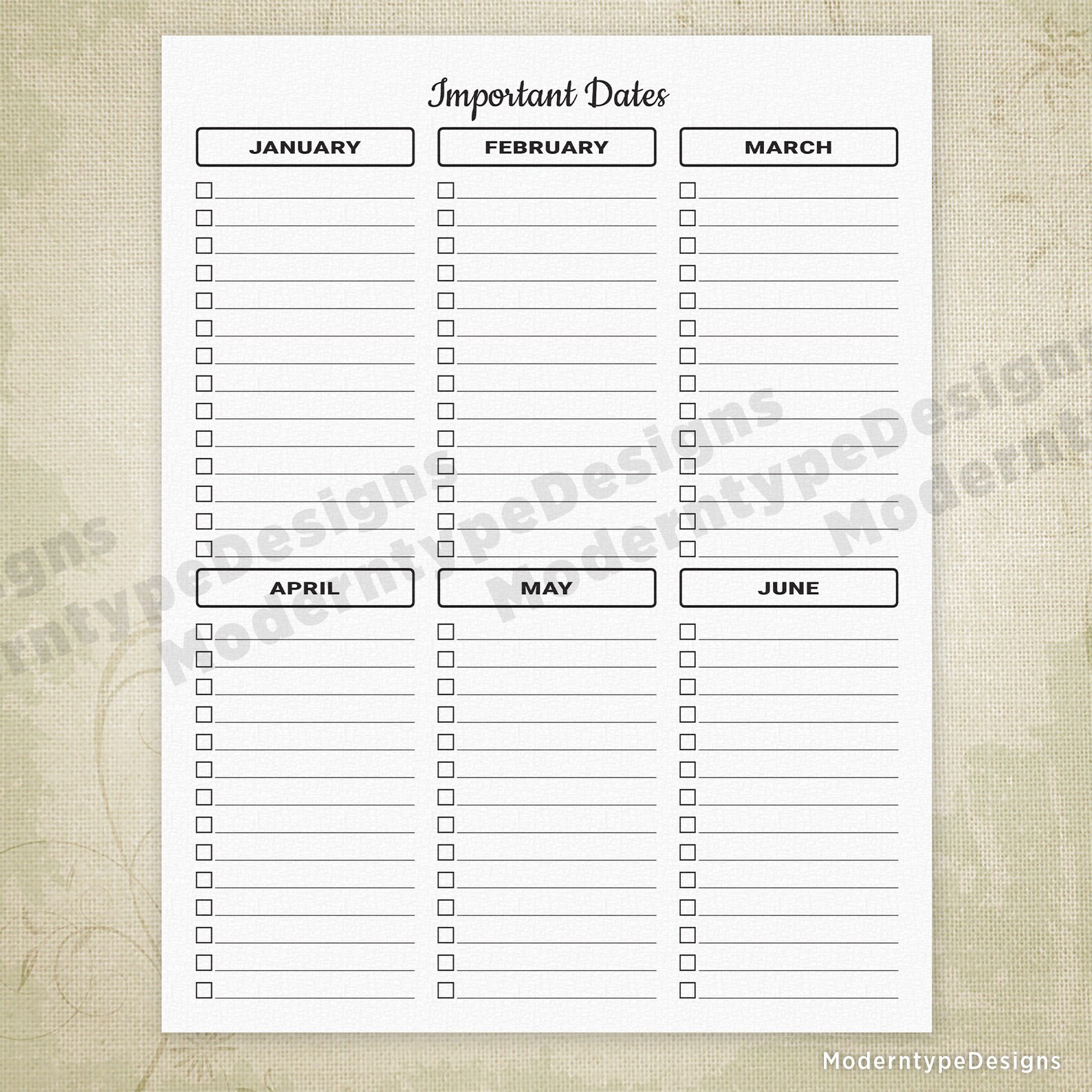 Important Dates Printable Digital Download, Monthly Planner, Birth ...