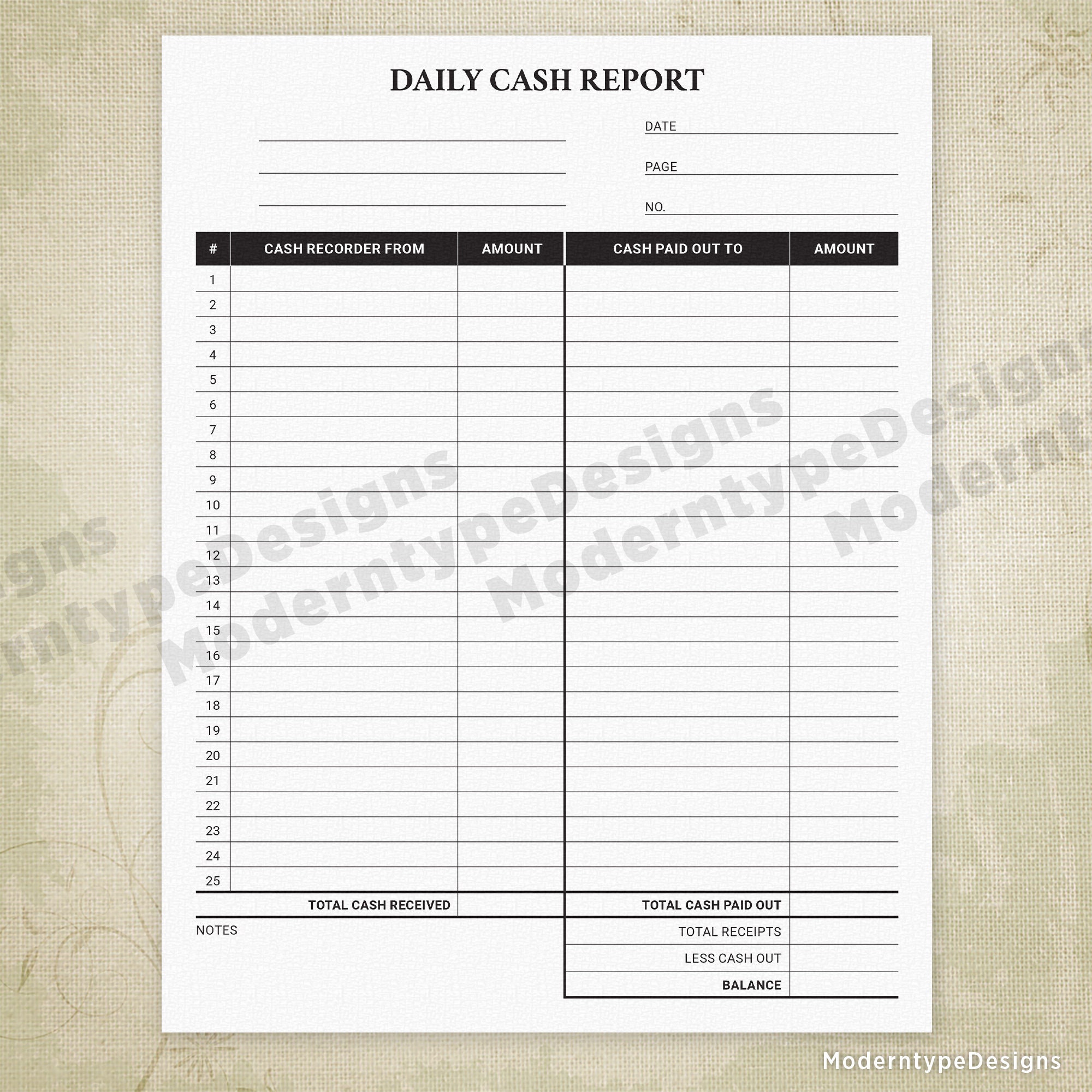 Daily Cash Report Printable Form, Inflow, Outflow, Cash in of Money ...