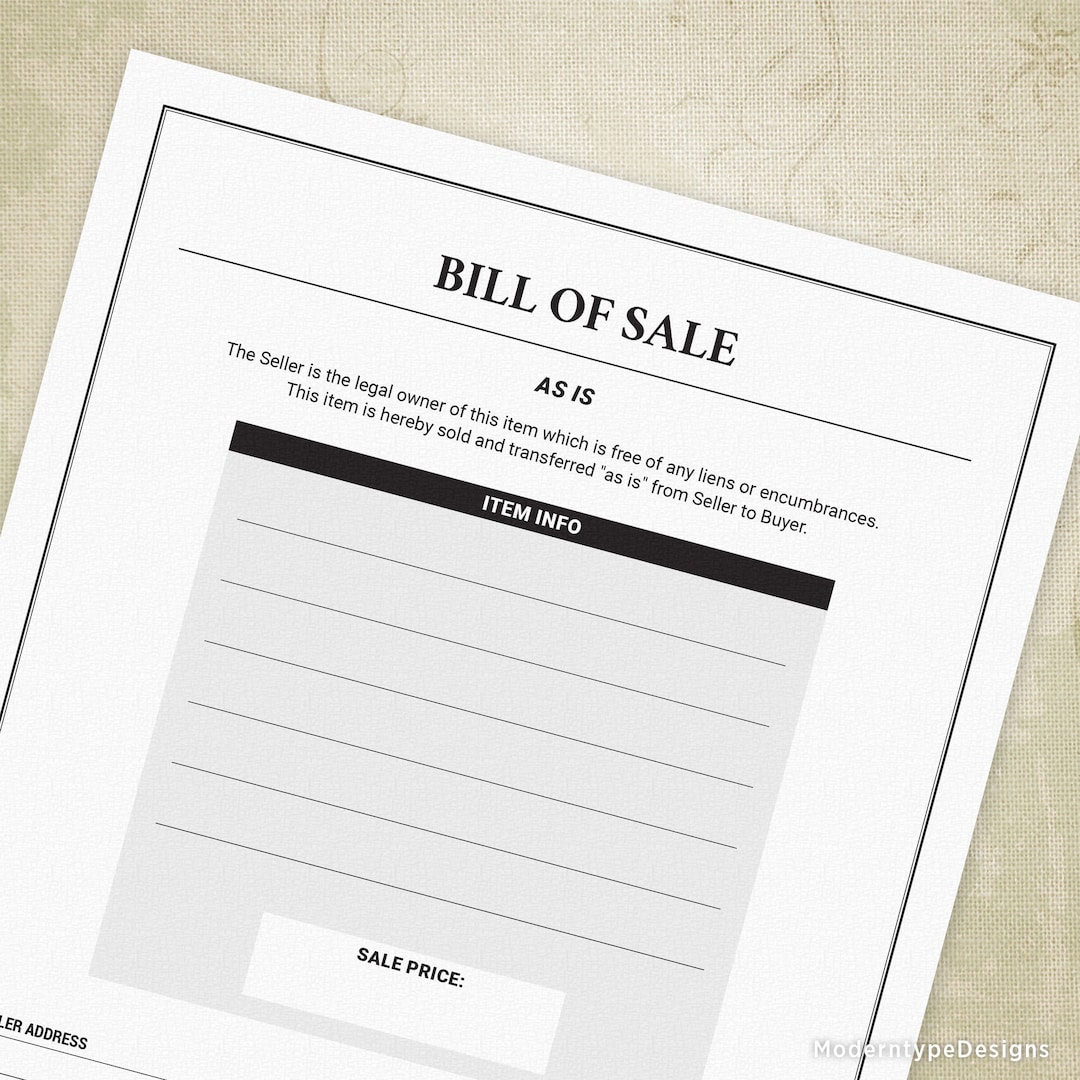 Blank Bill of Sale Printable, Proof of Purchase for Car, Vehicle, Boat ...