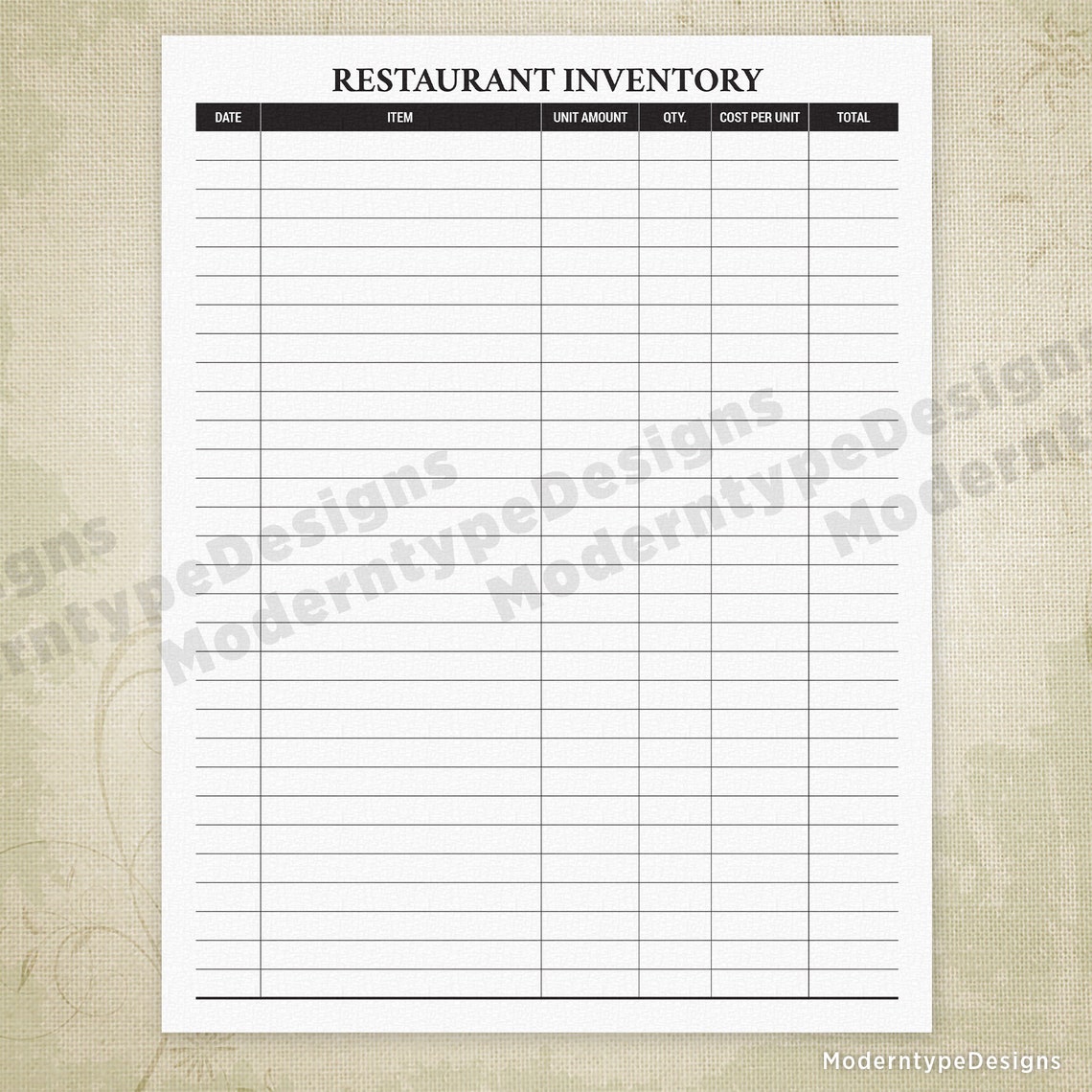 Restaurant Inventory Printable, Food Quantity Form, Kitchen Management ...