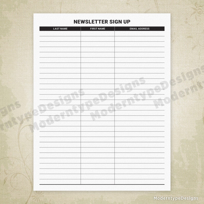 Newsletter Sign up Printable Form, Email List Sheet, Customer Signup ...