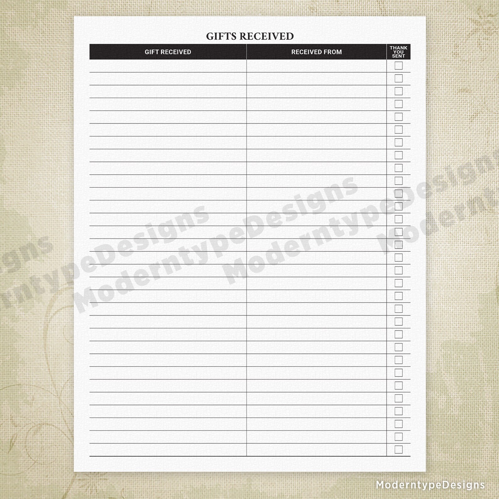 Gifts Received Printable Form, Bridal or Baby Shower, Birthday Party ...