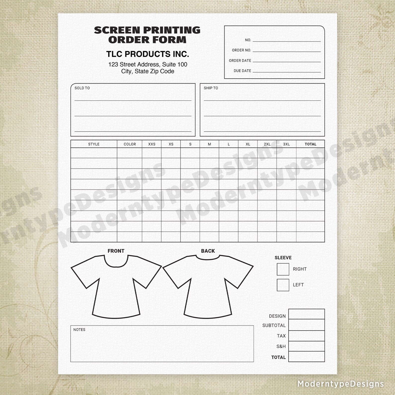 Screen Printing Order Form Printable, T-shirt Business Form, Digital ...