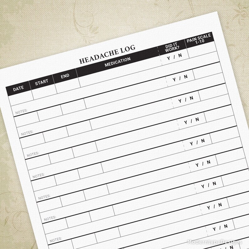Headache Log Printable Form, Migraine Tracker, Medical Planner, Health ...