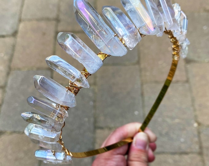 The Polished Angel Aura Quartz Witch Crystal Crown polished Angel Aura Quartz, Bridal, Princess ...
