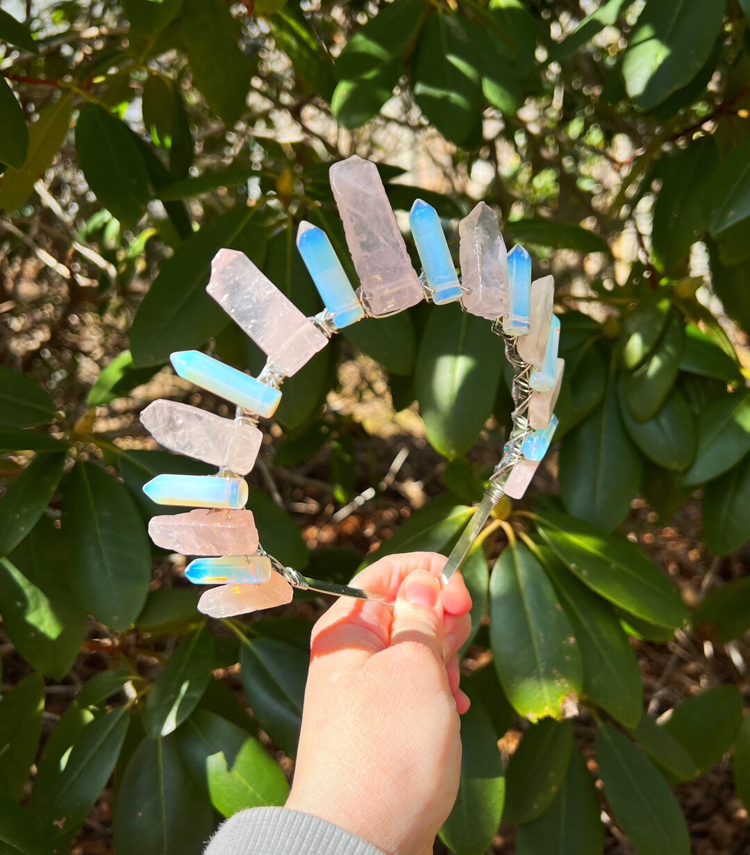 Rose Quartz and Opalite Crystal Crown: Silver Headband, Bridal Boho - Etsy