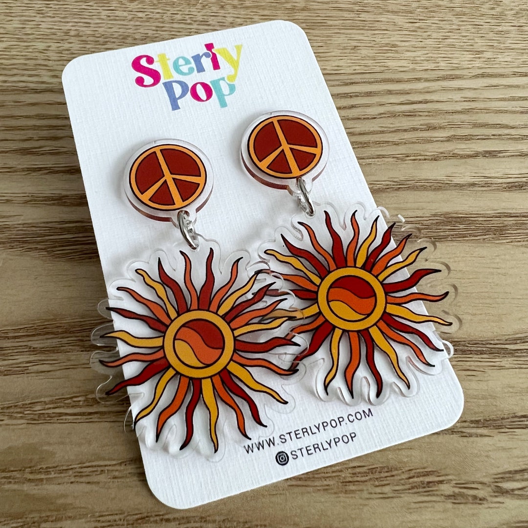 Retro Sun Peace Sign Printed Acrylic Dangles Earrings - Etsy