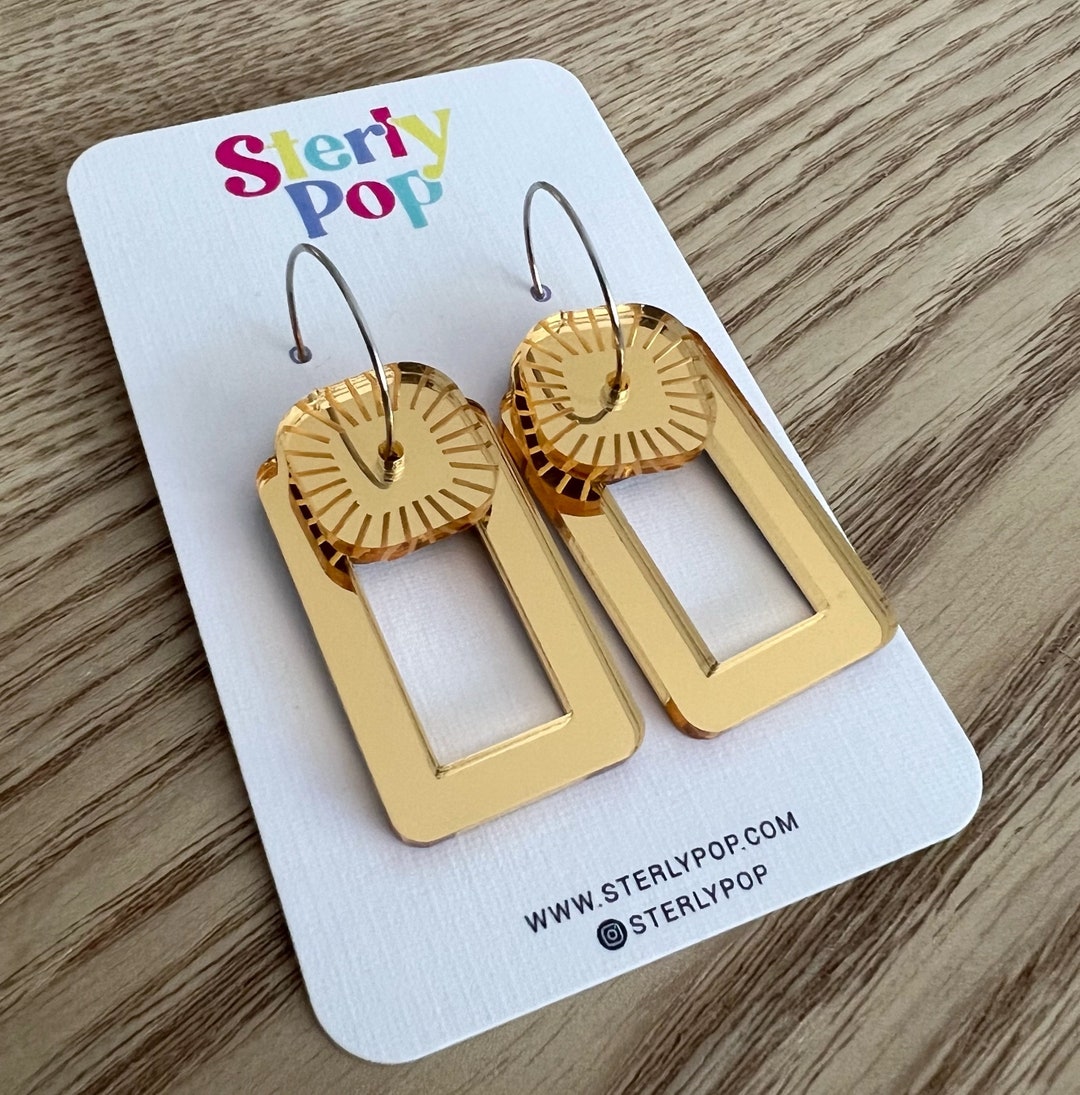 Gold Mirror Square Art Deco Stacker Hoops Acrylic Earrings Dangles - Etsy