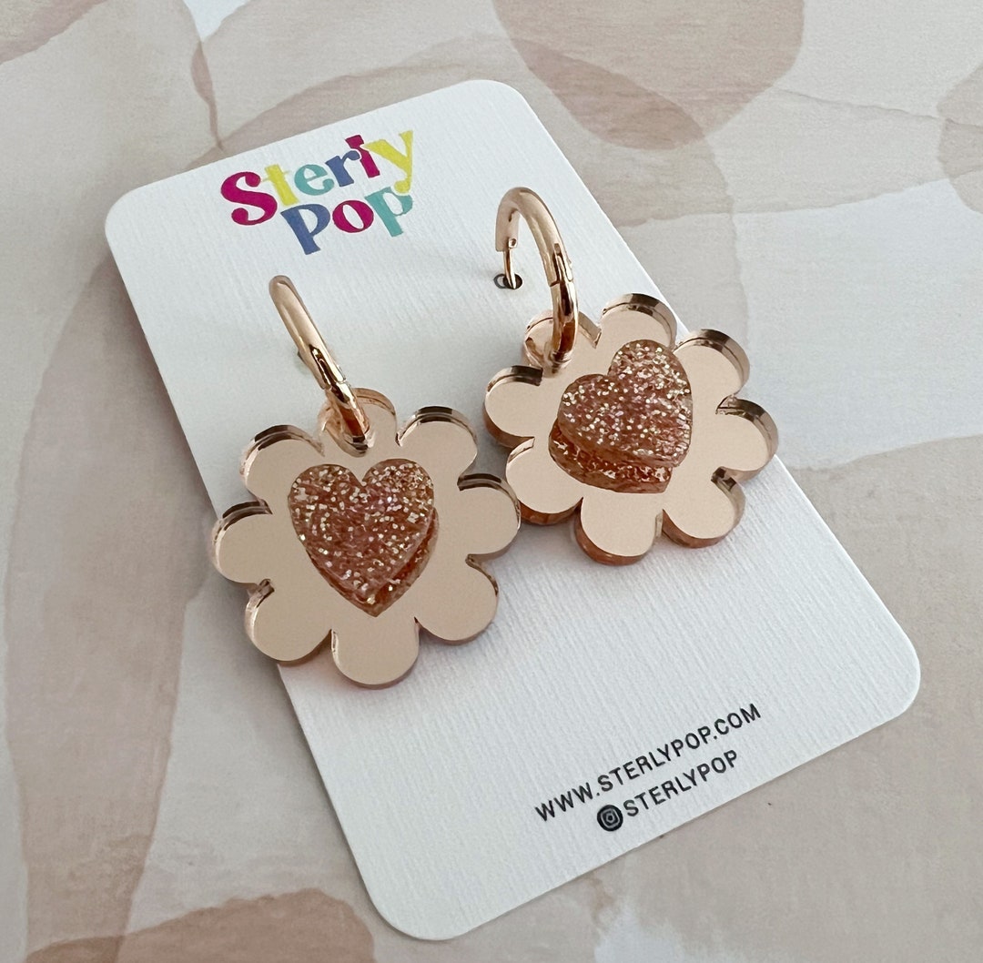 Rose Gold Daisy Flower Huggie Hoops Acrylic Dangles - Etsy Australia