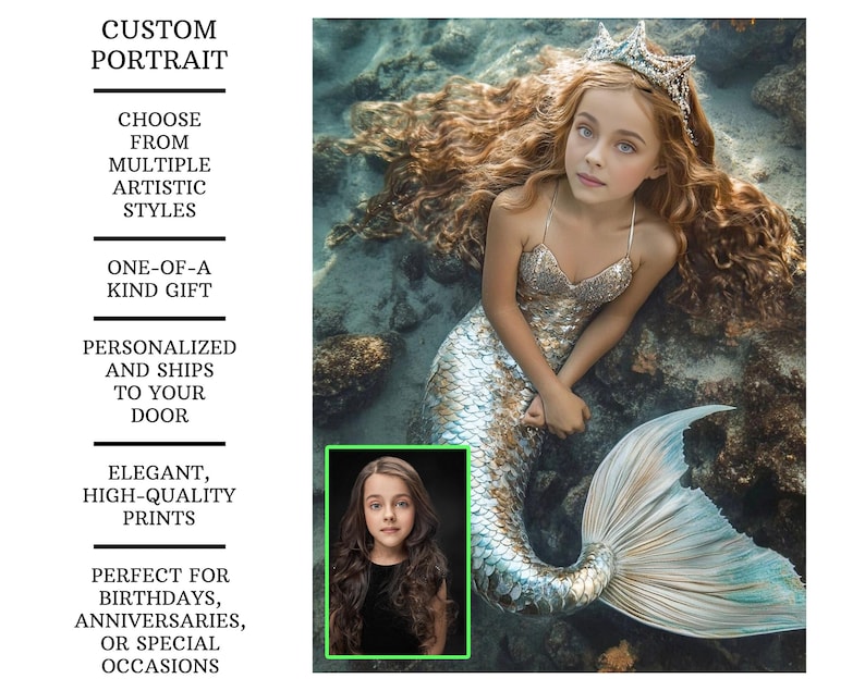 Custom Mermaid Portrait From Photo, Fantasy Art Poster, Birthday Gift ...