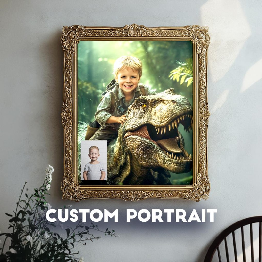 Custom T-rex Dinosaur Portrait From Photo, Jurassic Art Kids Room Decor ...