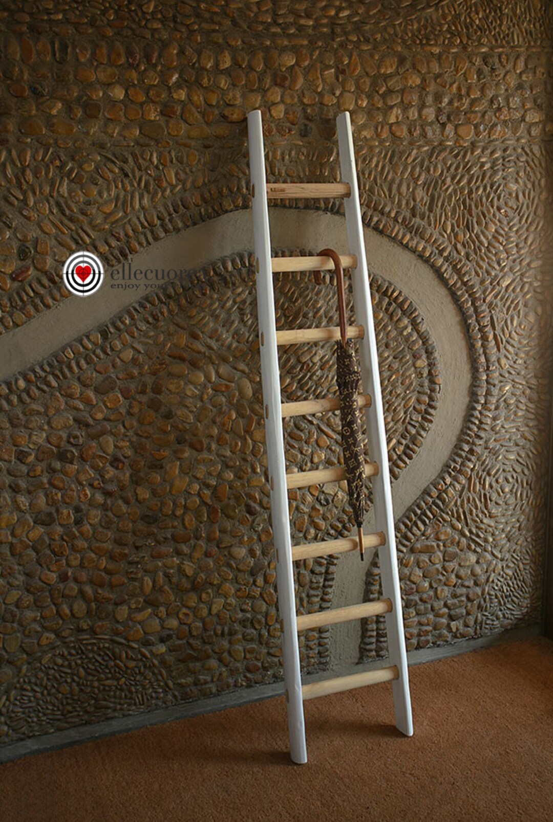 Solid Wood Ladder in Chest Nut Wood With Painted Bands and Natural Pegs ...