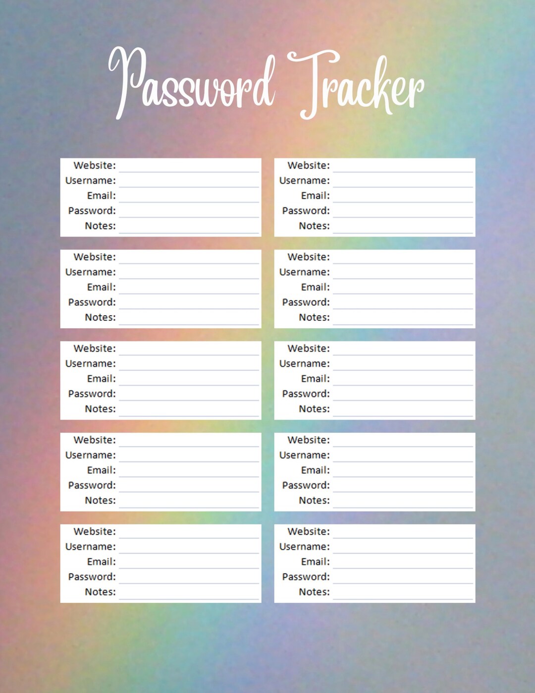 Password Tracker Printable Download Letter Size Sheet Rainbow Colors ...