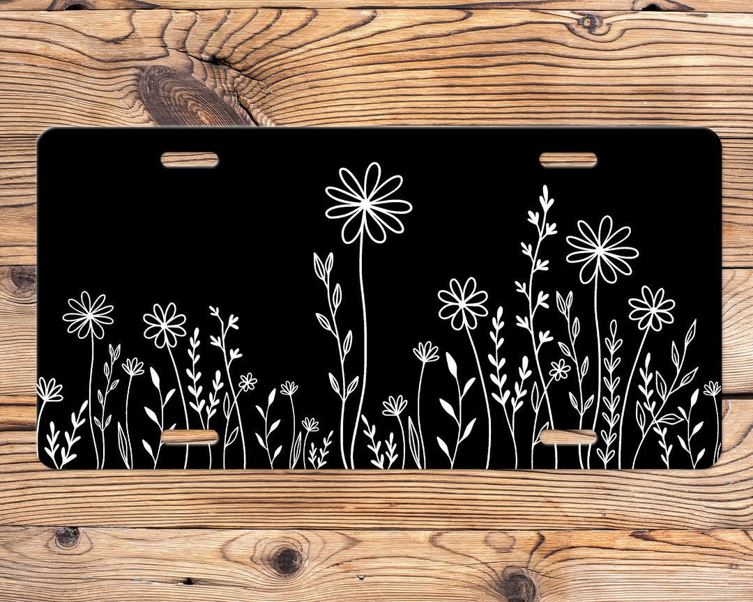 Hand Drawn Flower Field License Plate Black and White - Etsy