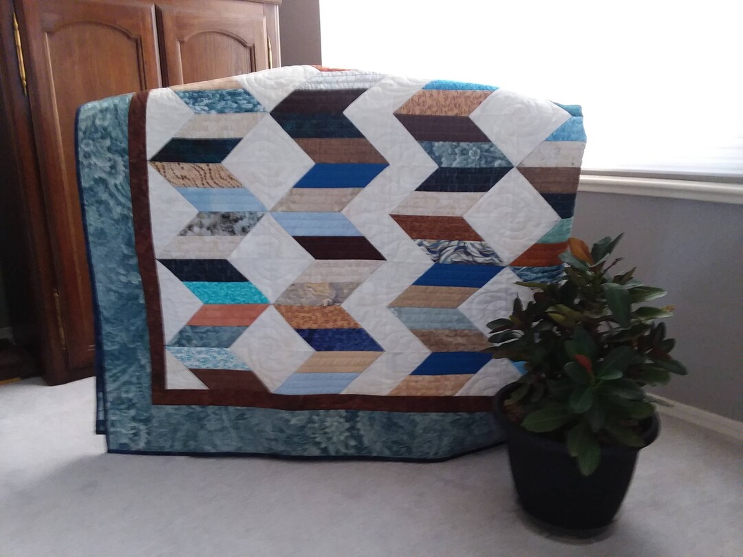 Homemade Quilt Full Size Bed Quilt Sofa Quilt Zig Zag Blue Brown Cream ...
