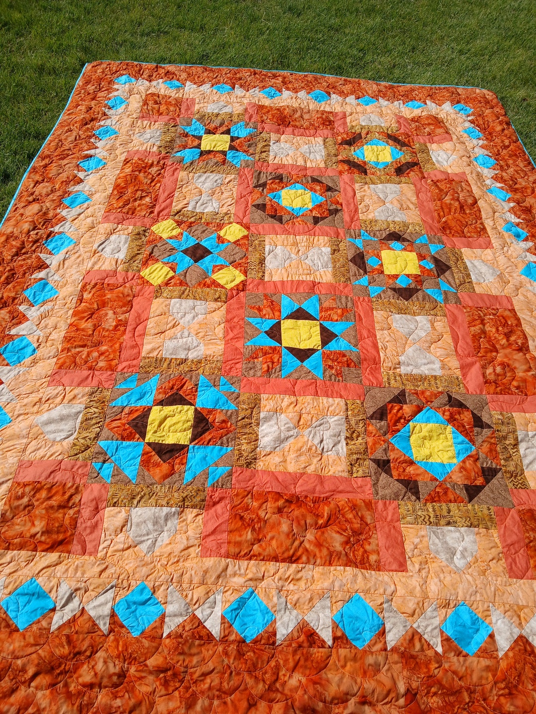 Orange Quilt, Sunset Quilt, Twin Orange Quilt, Star Quilt, Blue and ...