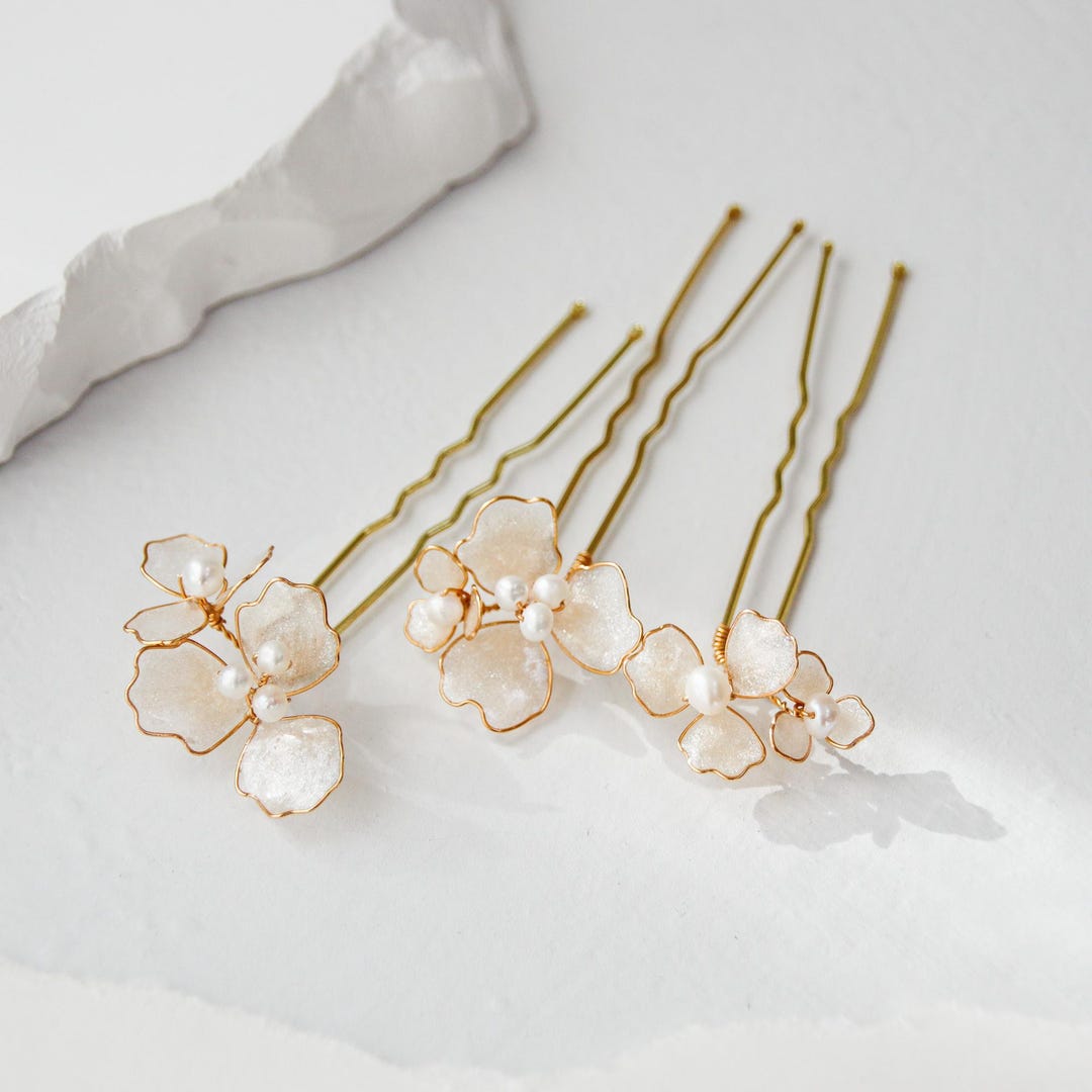 Champagne Floral Hair Pins (set of 3): Gold Resin Flowers, Freshwater ...