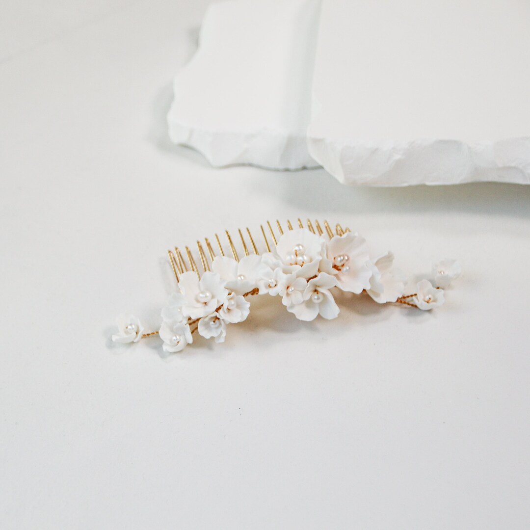 Bouquet Hair Comb | Bridal Hair Clip Featuring White Polymer Flowers ...