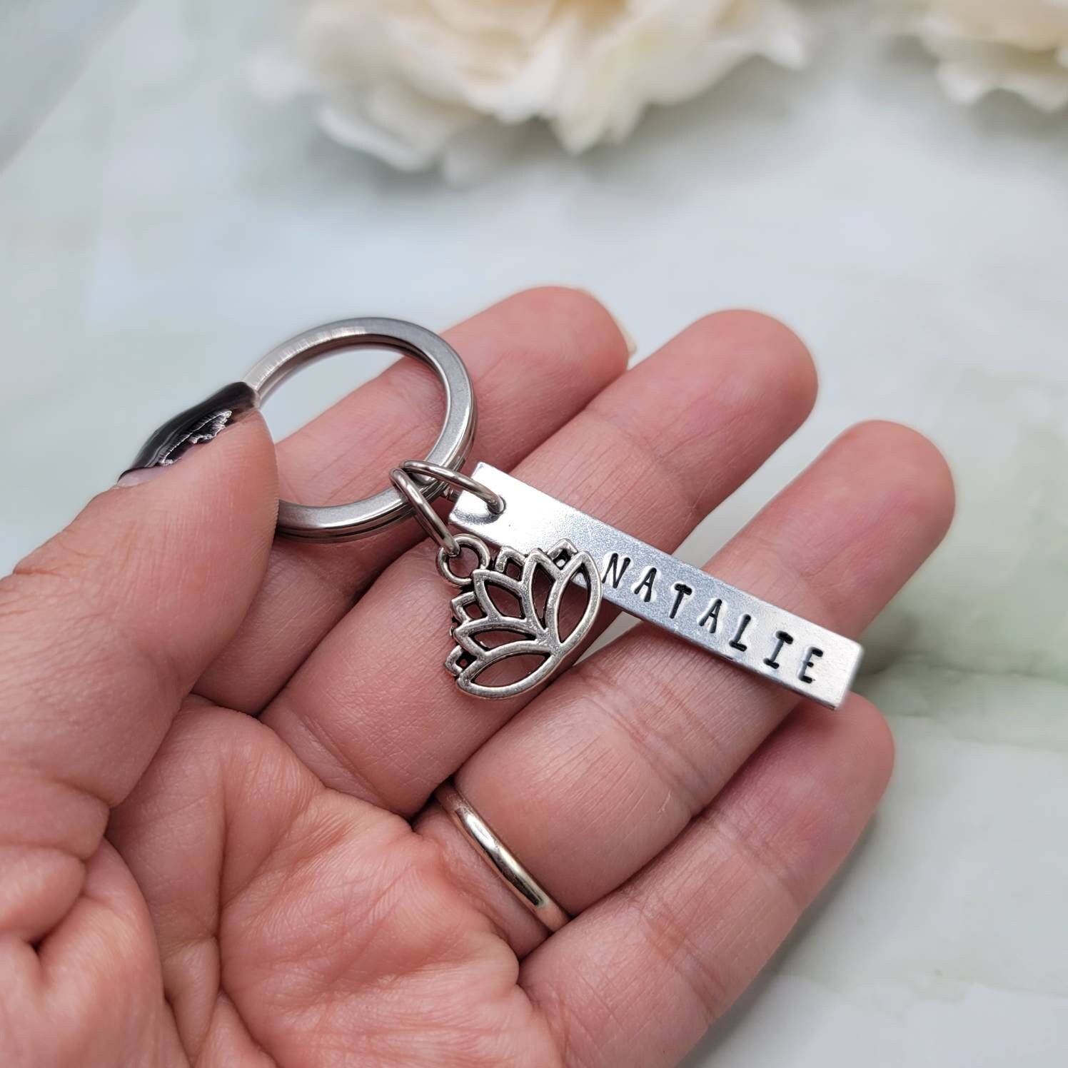 Custom Lotus Keychain With Name Lotus Charm Keychain - Etsy