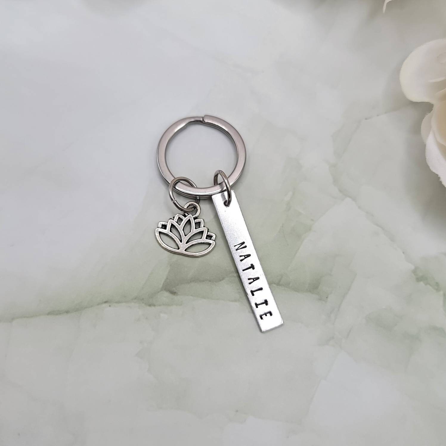 Custom Lotus Keychain With Name Lotus Charm Keychain - Etsy