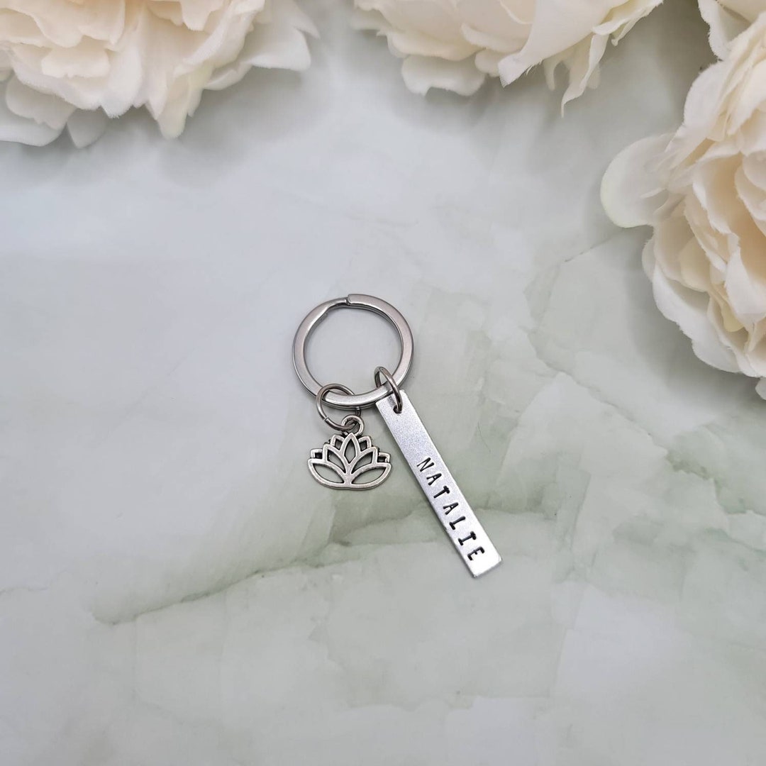 Custom Lotus Keychain With Name Lotus Charm Keychain - Etsy
